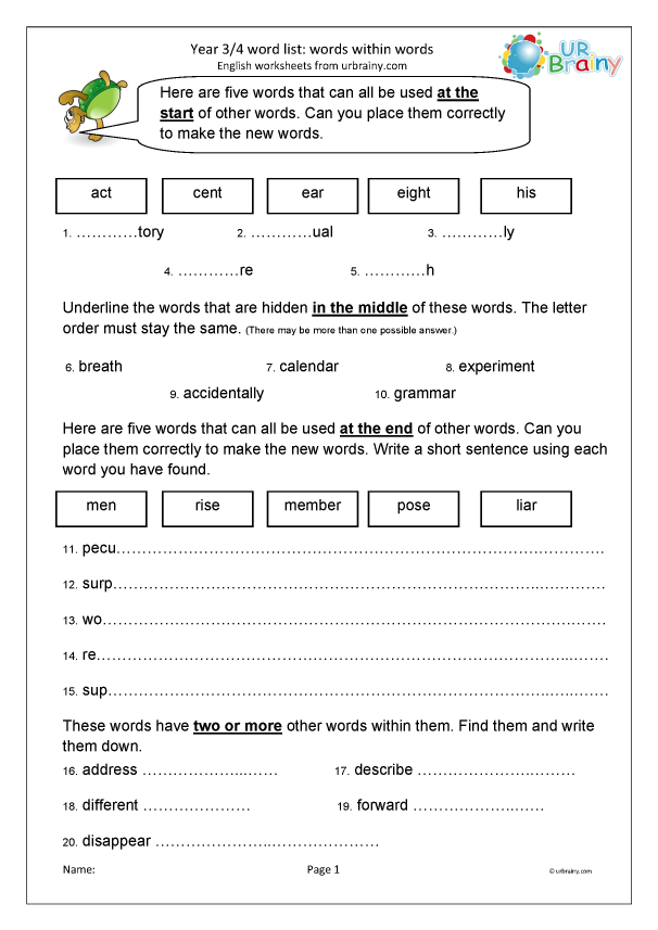 Word List Words Within Words 3 4 Word List Activities Years 3 4 By