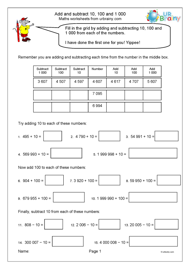 Add And Subtract 10 100 1000 Number And Place Value By URBrainy