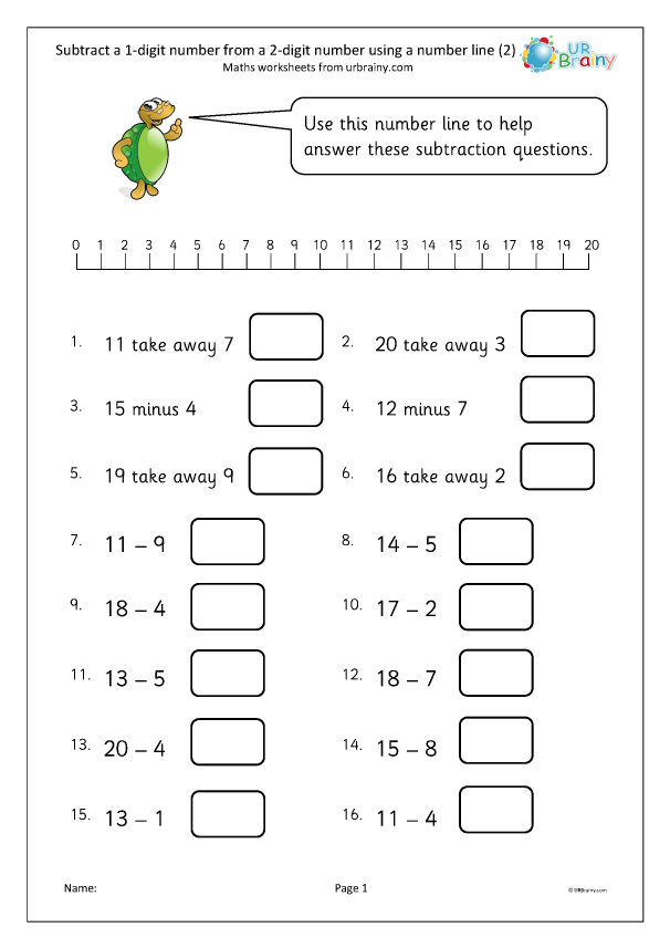 Subtract A 1 digit Number From A 2 digit Number Using A Number Line 2 