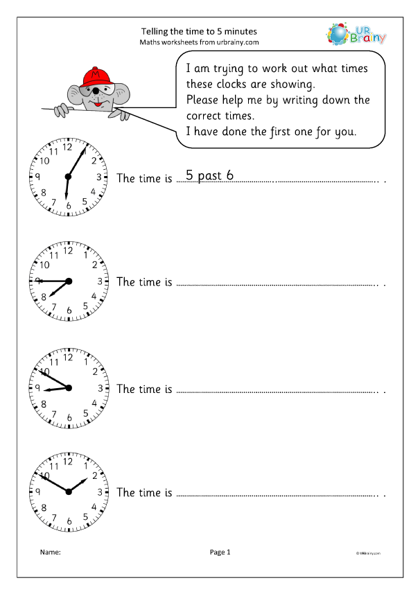 Telling The Time To 5 Minutes Time Worksheets For Year 2 age 6 7 By 