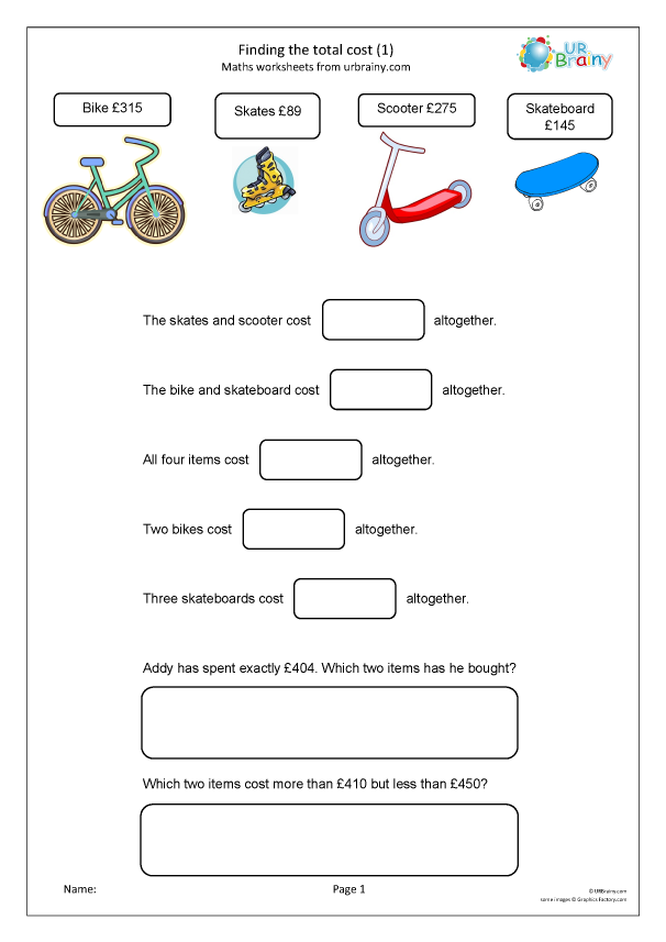 Finding The Total Cost 1 Measuring And Time Worksheets For Year 4 