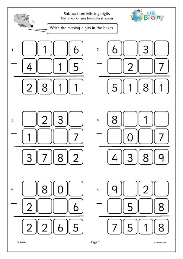 Subtraction With Missing Numbers Worksheets