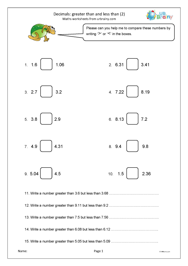 Decimals Greater Than And Less Than 2 Fraction And Decimal