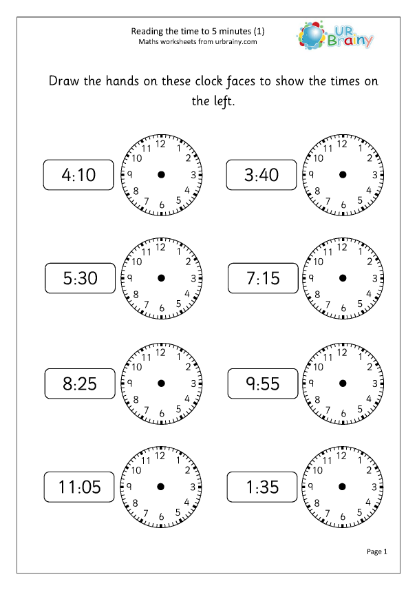 Read The Time To 5 Minutes 1 Time Worksheets For Year 2 age 6 7