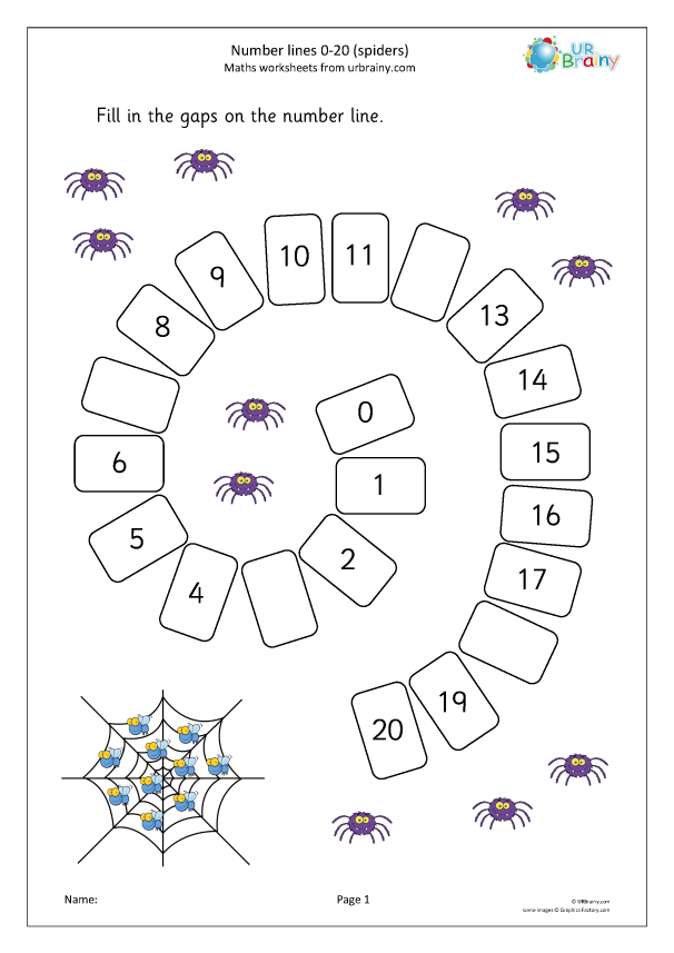 Number spirals 0 20: spiders - Counting by URBrainy.com