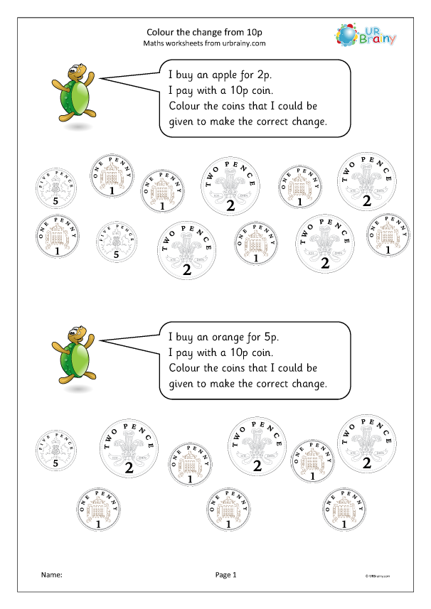 Colour the change from 10p - Money Maths Worksheets for Year 1 (age 5-6 ...