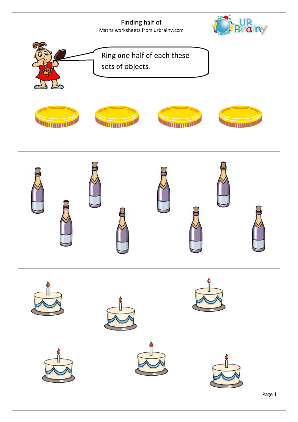 Finding Halves Fraction Worksheets For Year 2 age 6 7 By URBrainy