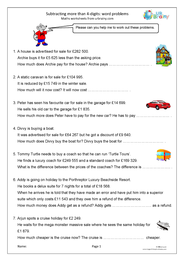 Subtracting More Than 4 digits Word Problems Subtraction In Year 5 