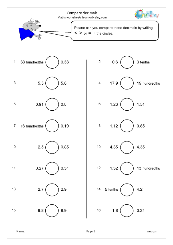 Comparing Decimals Worksheet