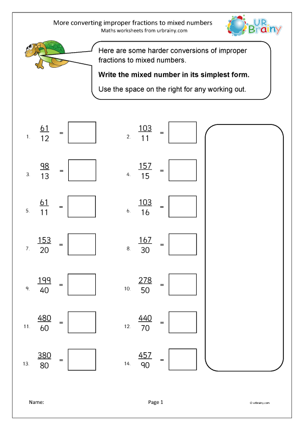Harder Improper Fractions To Mixed Numbers Fraction And Decimal 