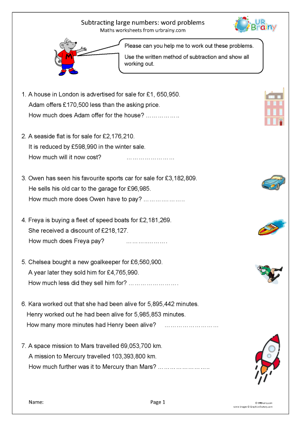 Subtracting Large Numbers Word Problems Subtraction Maths Worksheets 