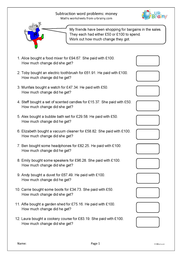Subtraction Word Problems Money Fraction And Decimal Worksheets For