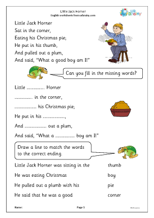 Little Jack Horner activities - Nursery Rhymes by URBrainy.com