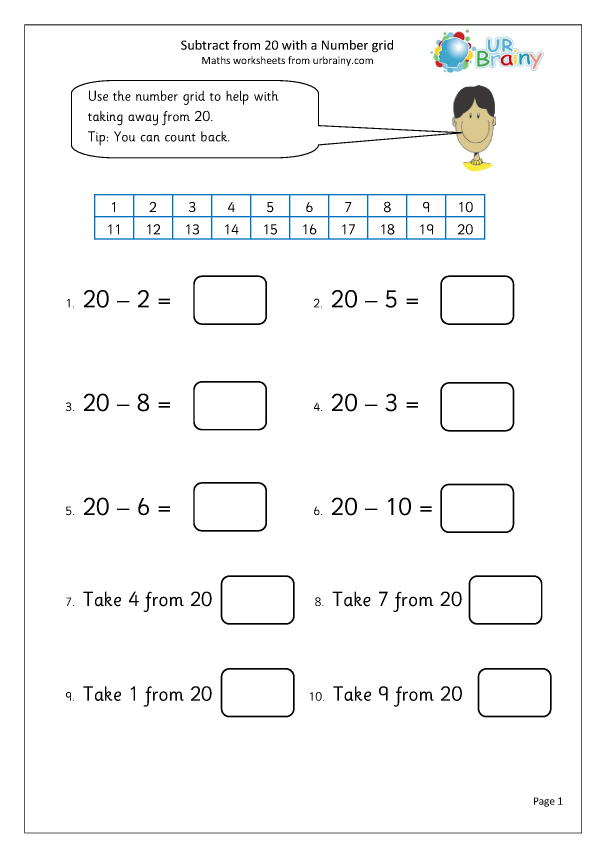 Subtract From 20 With A Number Grid Subtraction In Year 1 age 5 6 