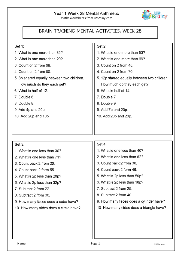 Week 28 Mental Arithmetic - Mental Arithmetic by URBrainy.com