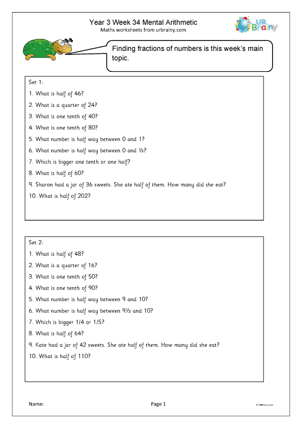 Week 34 Mental Arithmetic Mental Arithmetic By URBrainy