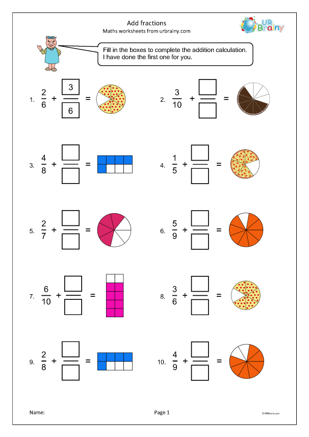 Add Fractions Fraction Worksheets For Year 3 age 7 8 By URBrainy
