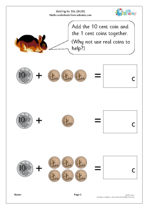Preview of worksheet Add to 10c (AUD)