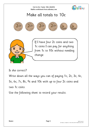 Preview of worksheet Coins to make 10c (AUD)