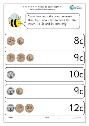 Preview of worksheet How much more? 1c, 2c and 5c (AUD)