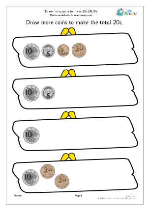 Preview of worksheet Draw more coins to make 20c (AUD)