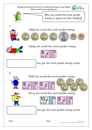 Preview of worksheet Recognising notes and coins: holiday spending ...