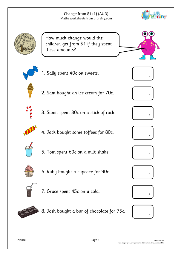Change From One Dollar 1 AUD Money Worksheets Using Australian