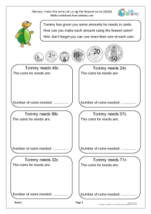 Preview of worksheet Money: make amounts using fewest coins (AUD)