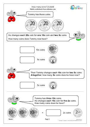 How much more money: 5c, 10c, 20c (AUD) - Money worksheets using ...