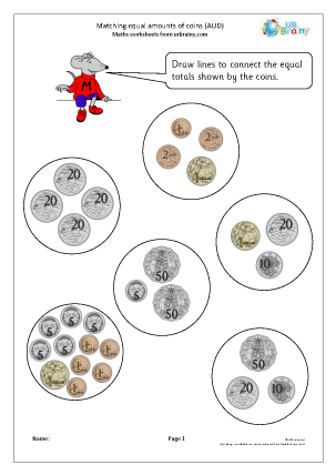 Preview of worksheet Matching equal amounts of coins (AUD)
